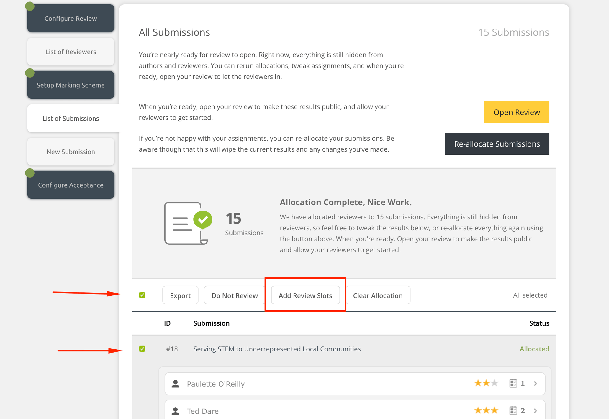 Adding additional Review slots before and during the review